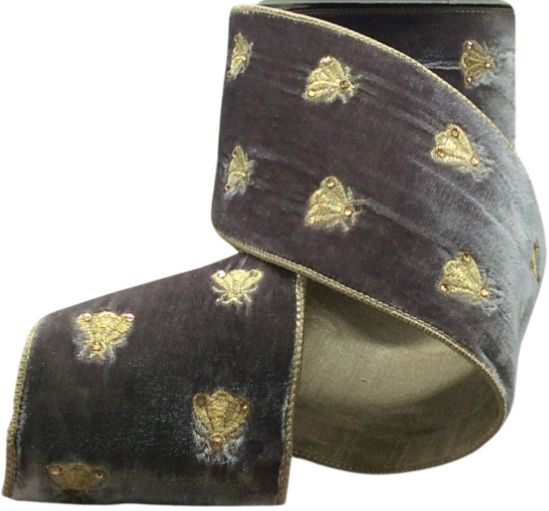 LUXE Designer Ribbon: 4 X 5yds, Embroidered Gold Thread Bees Accented W ...