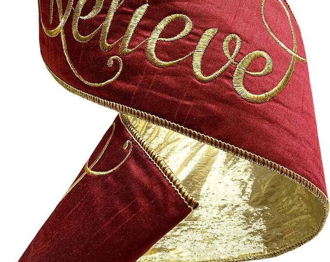 LUXE Designer Ribbon - 4" X 10yds Ribbon, Embroidered Gold "believe ...