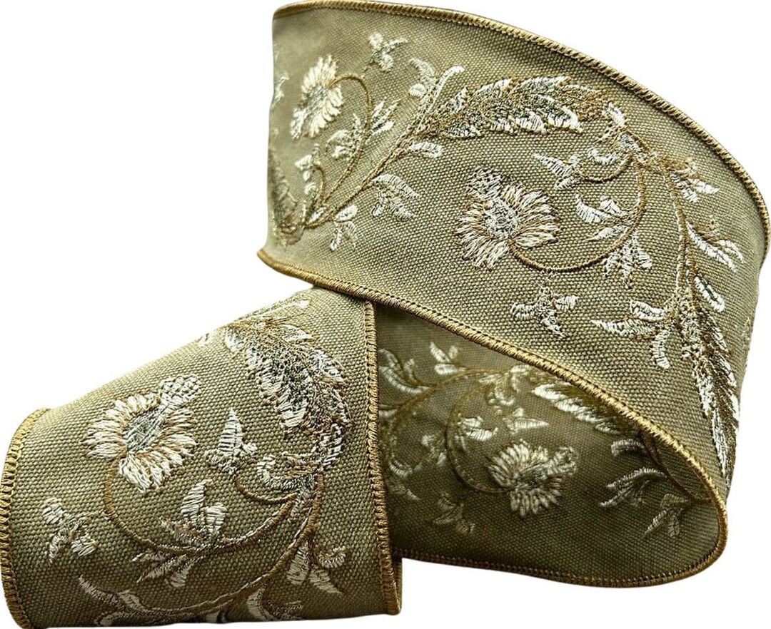 LUXE Designer Ribbon: 4" X 5yds, Embroidered Dark Tan & Gold Floral ...