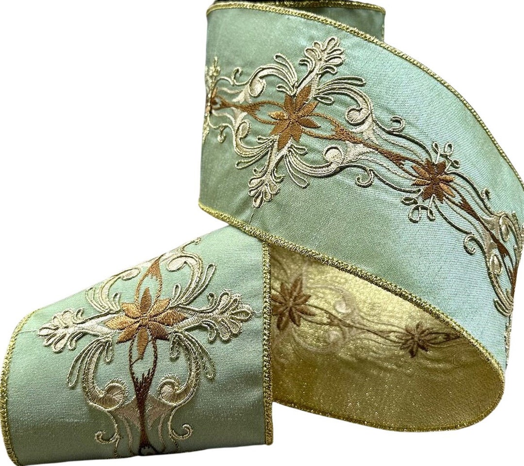 LUXE Designer Ribbon: 4 X 5yds, Embroidered Dark & Light Gold Floral ...