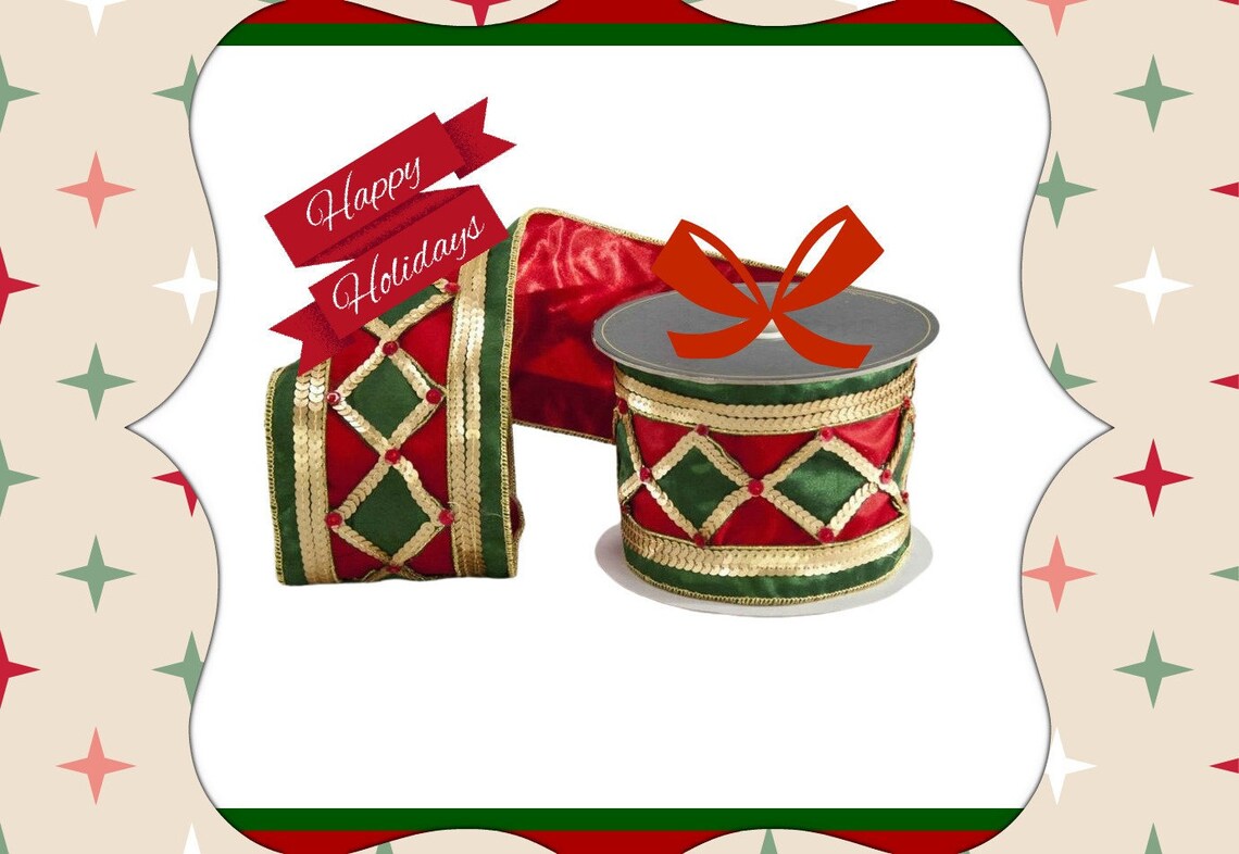 LUXE Designer Ribbon: 4" X 5yds, Red & Green Diamond Center Design ...