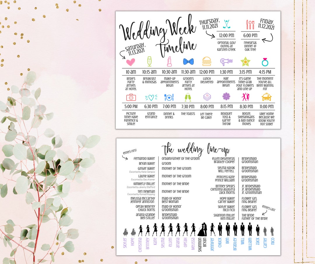Wedding Week Timeline / Schedule of Events / Itinerary / Wedding Party ...