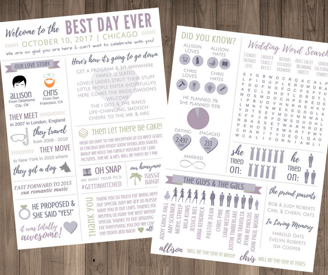 Funny Infographic Wedding Program / Our Love Story / Games & Activities ...