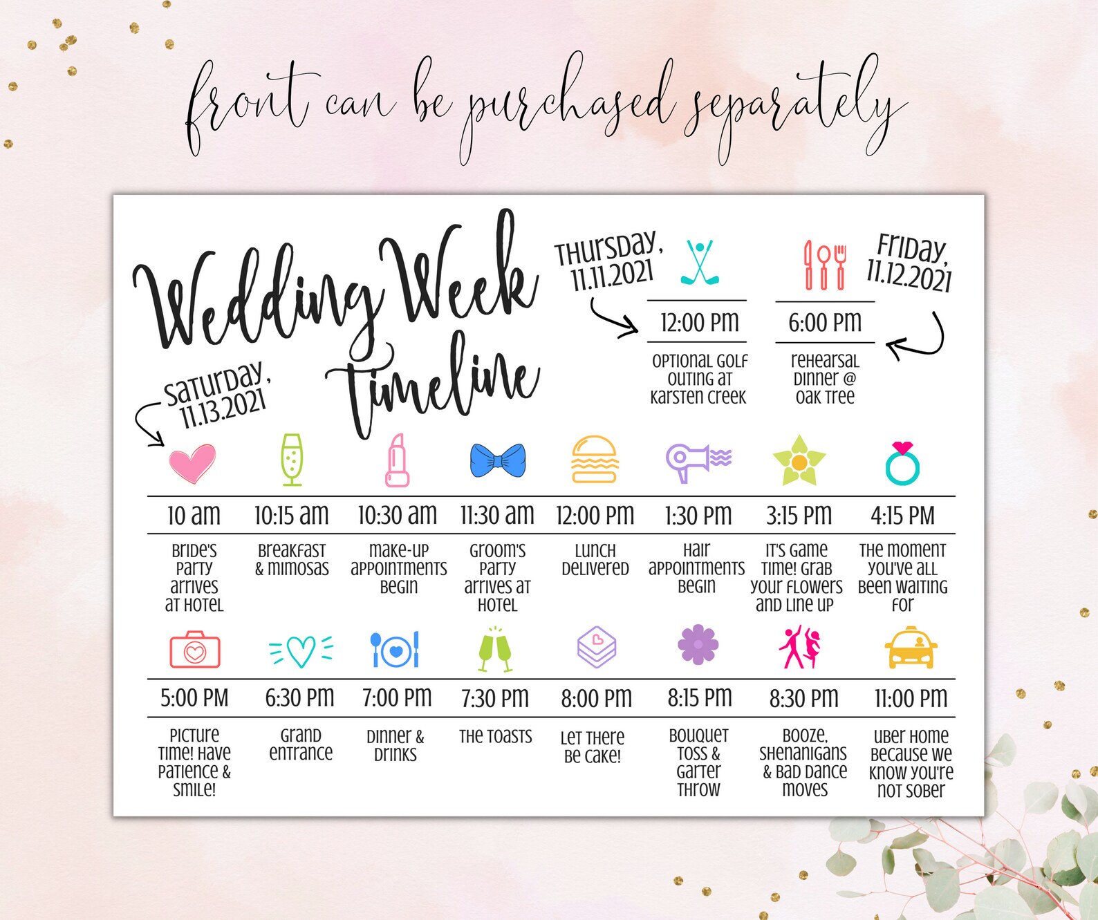 Wedding Week Timeline / Schedule of Events / Itinerary / Wedding Party ...