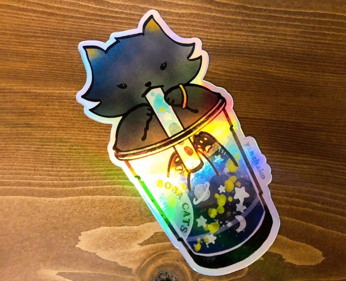 Holographic Twilight Blueberry Boba Cat Die-cut Vinyl - Etsy