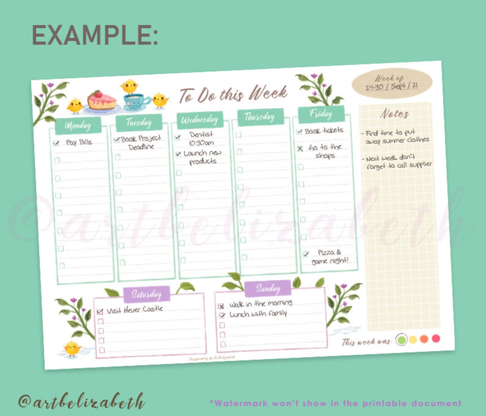Printable Weekly Planner Chicks & Tea - Weekly Schedule, Weekly ...