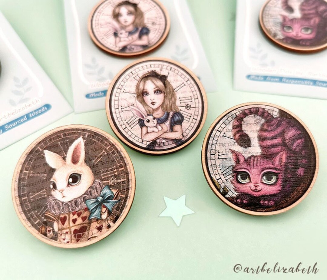 Alice in Wonderland Wooden Pins Brooch Pins White Rabbit Cheshire Cat ...