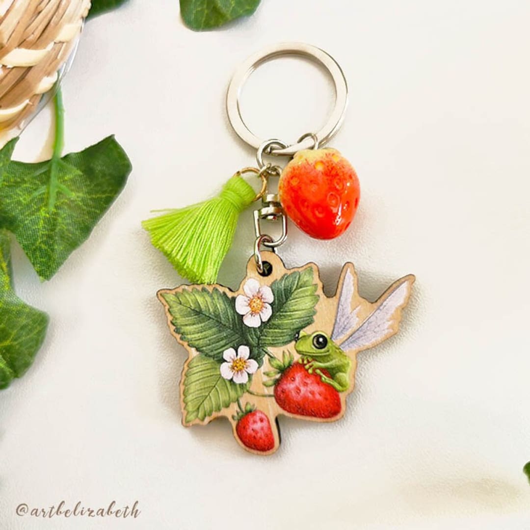 Fairy Frog & Strawberries Keychain – Cottagecore Wooden Keyring - Etsy