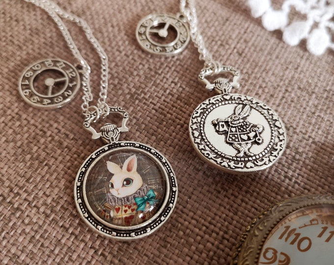 White Rabbit Necklace Pendant With Clock Charm – Alice in Wonderland ...