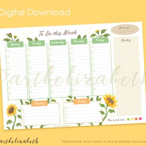Printable Weekly Planner Sunflowers- Weekly Schedule, Weekly Organizer ...