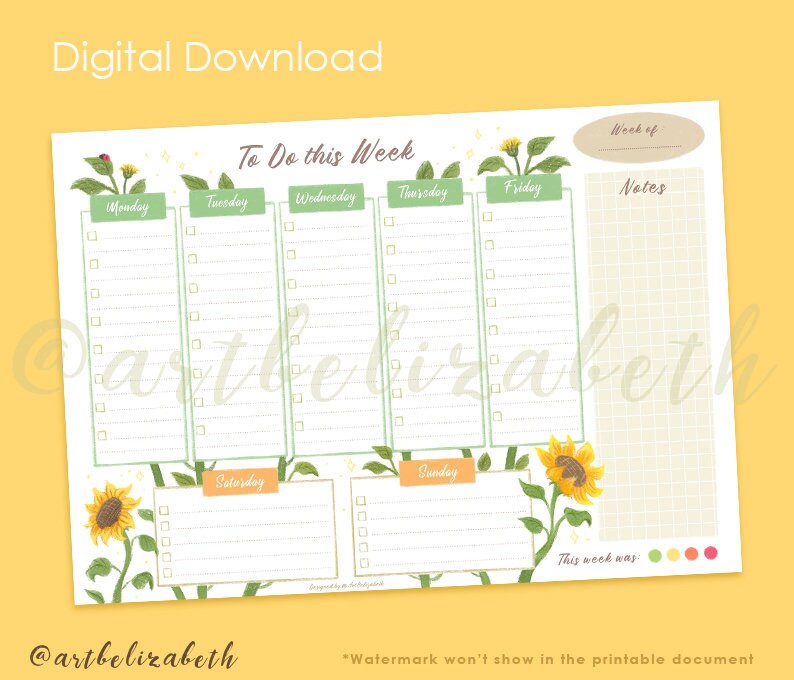 Sunflower Weekly Planner – Printable Organizer, To-do List (digital ...