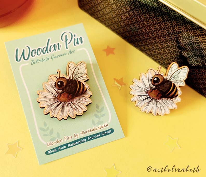 Wooden Bee and Daisy Pin – Eco Friendly Birch Plywood Badge - Etsy
