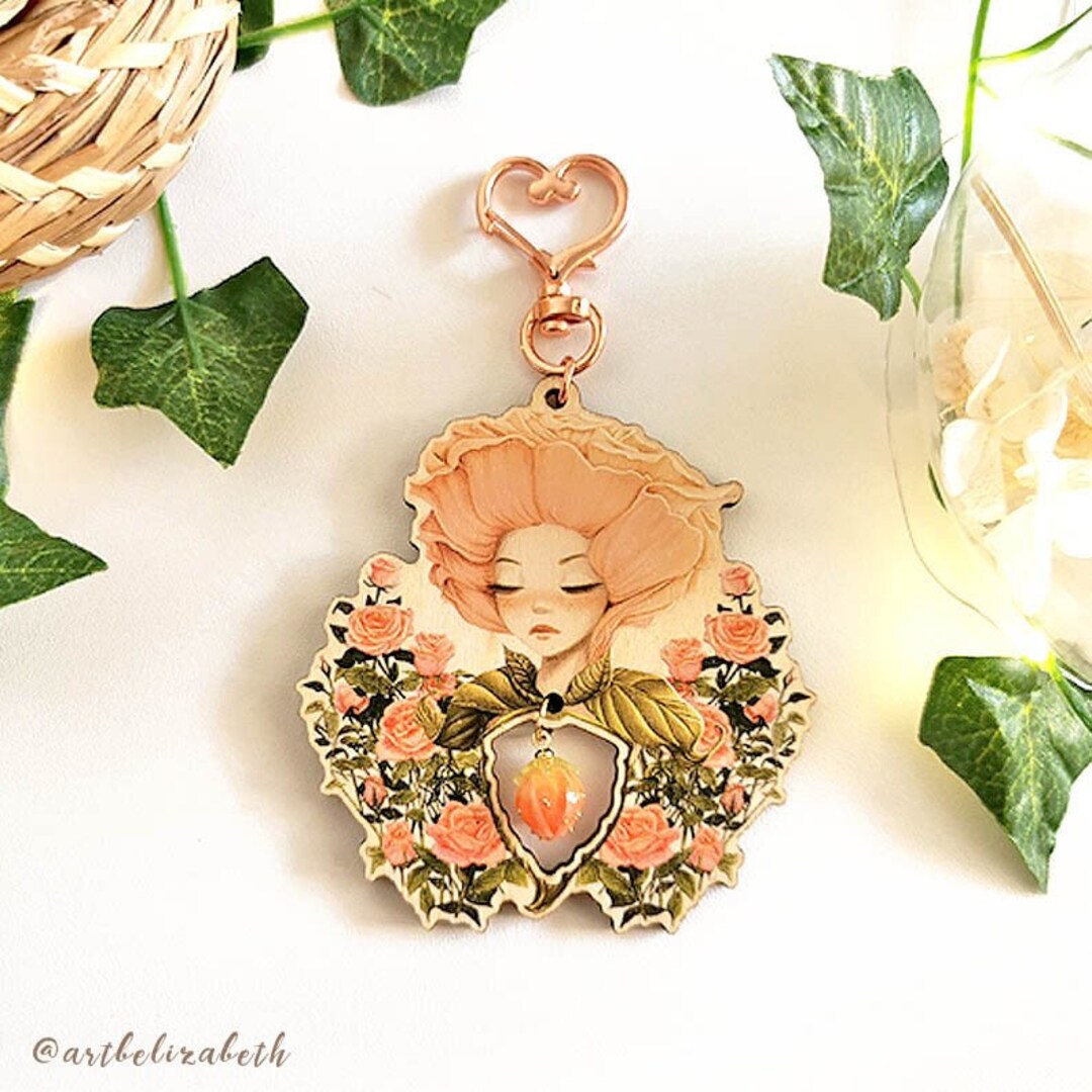 The Rose Wooden Keychain - Cottagecore Keyrings - Illustrated Keychains ...