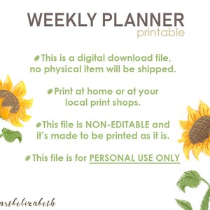 Printable Weekly Planner Sunflowers- Weekly Schedule, Weekly Organizer ...