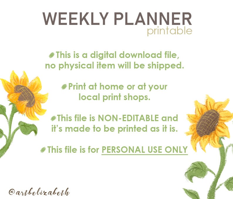 Sunflower Weekly Planner – Printable Organizer, To-do List (digital ...