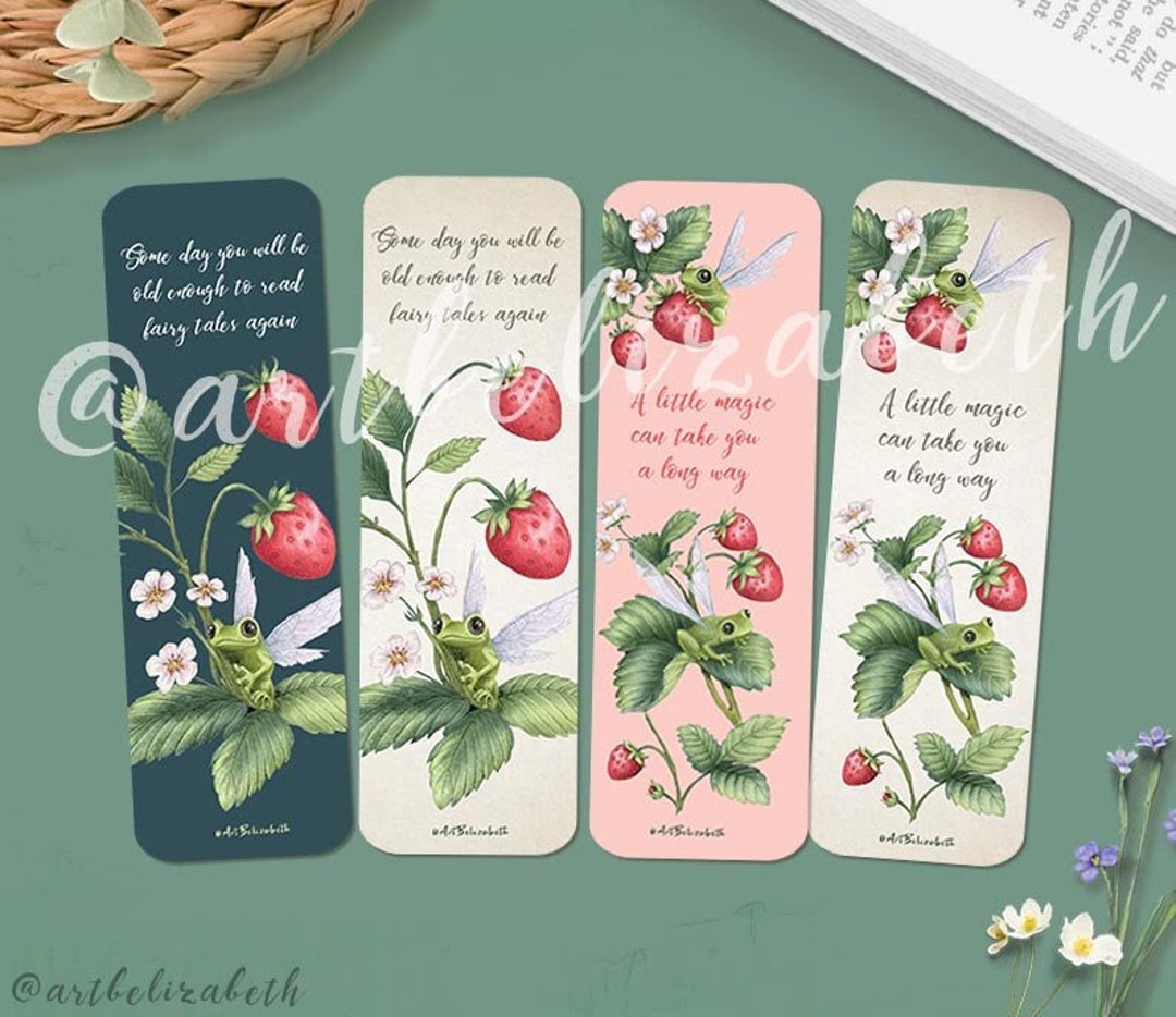 Fairy Frog & Strawberry Bookmarks | Cottagecore Nature Print - Etsy