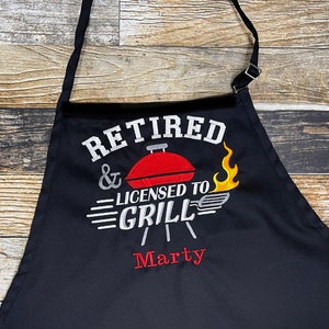 Retirement Personalized Apron - Retired and Licensed to Grill ...