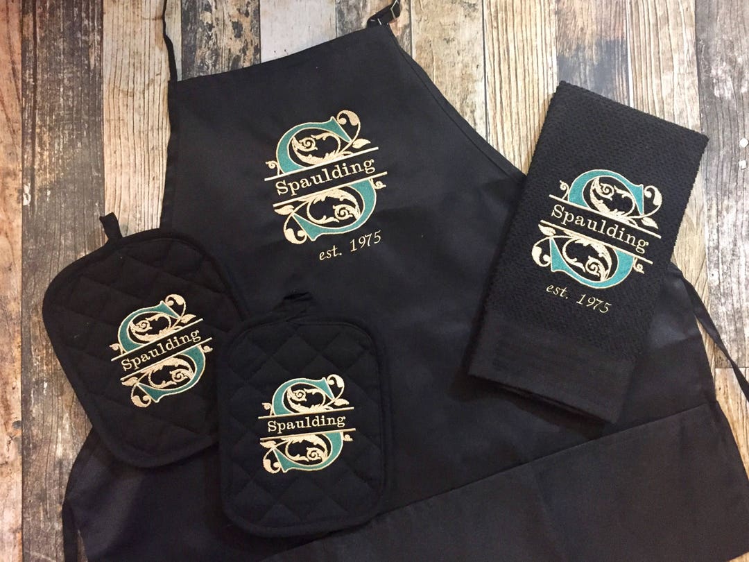 Personalized Kitchen Apron, Towel, and Hot Pads - Elegant Split Initial ...