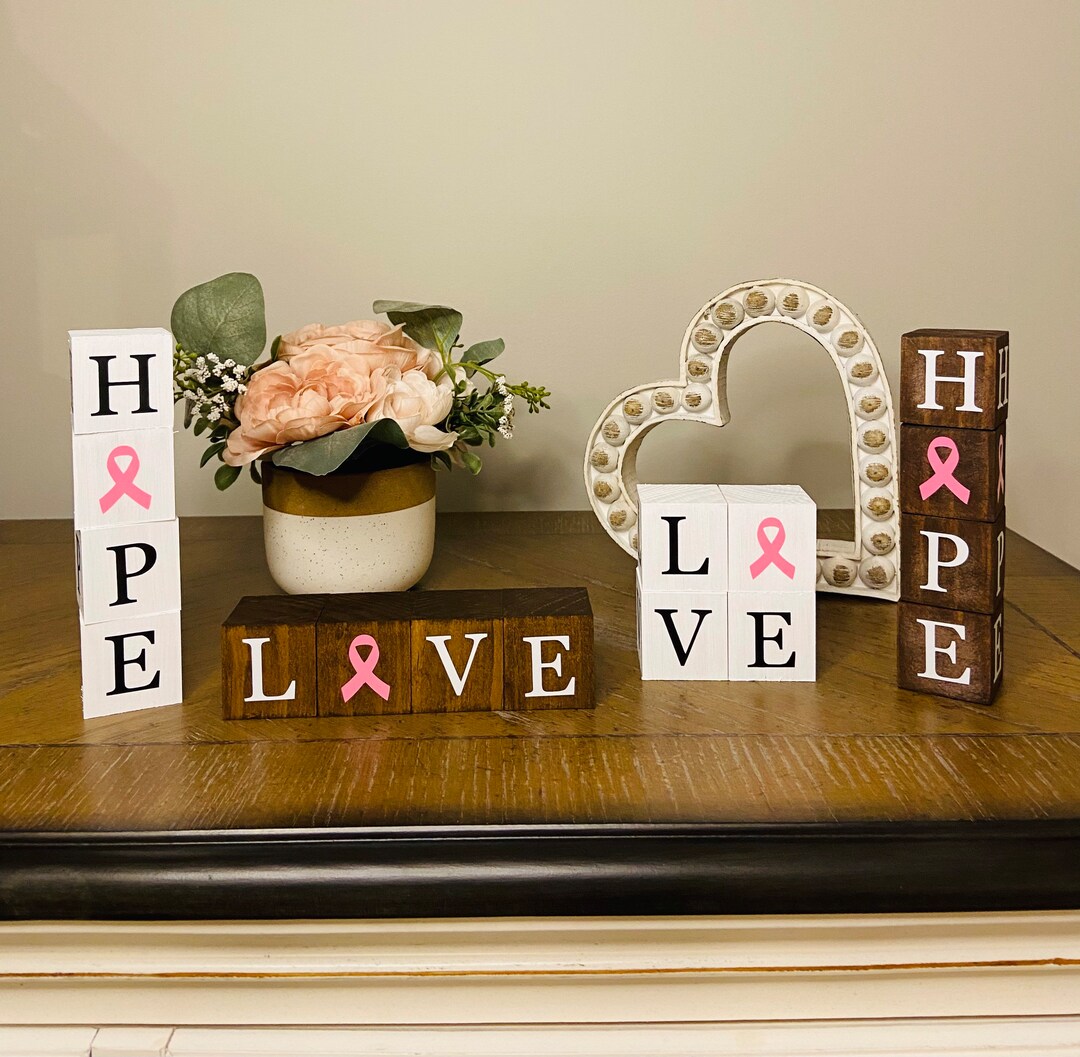 Breast Cancer Awareness Blocks - HOPE & LOVE With Breast Cancer Ribbon ...