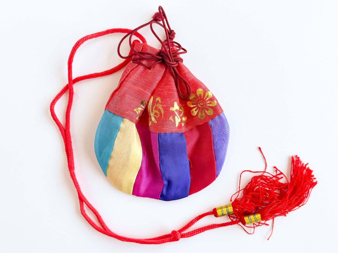 Vintage Korean Silk Purse - Hanbok Styled Draw String Tie and Long Red ...