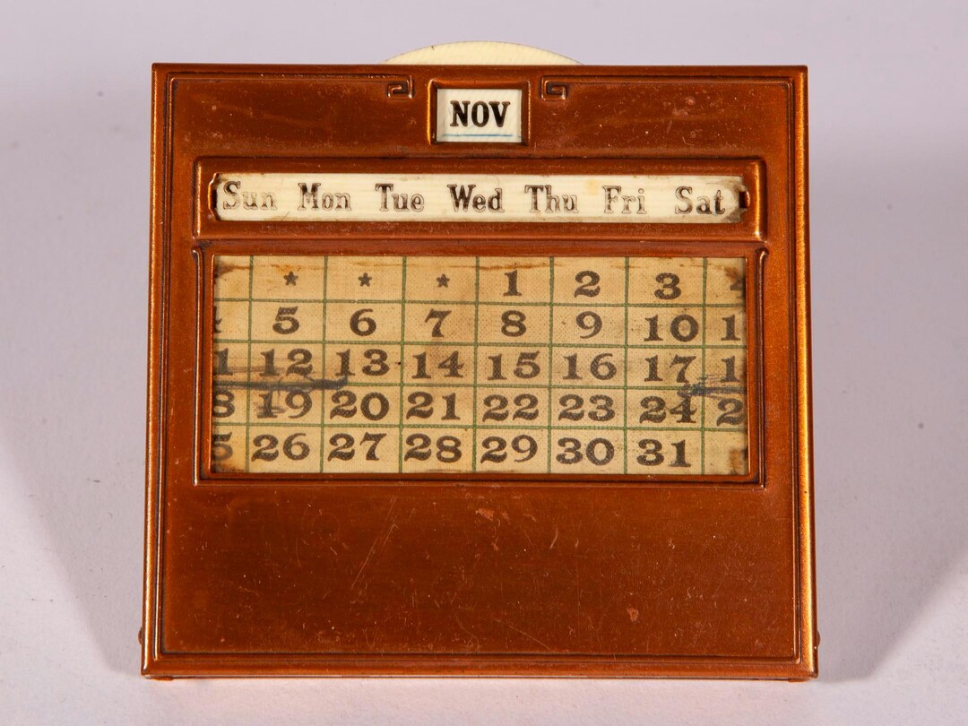 Vintage Midcentury Deco Perpetual Golden Metal Calendar JEMCO Easel ...