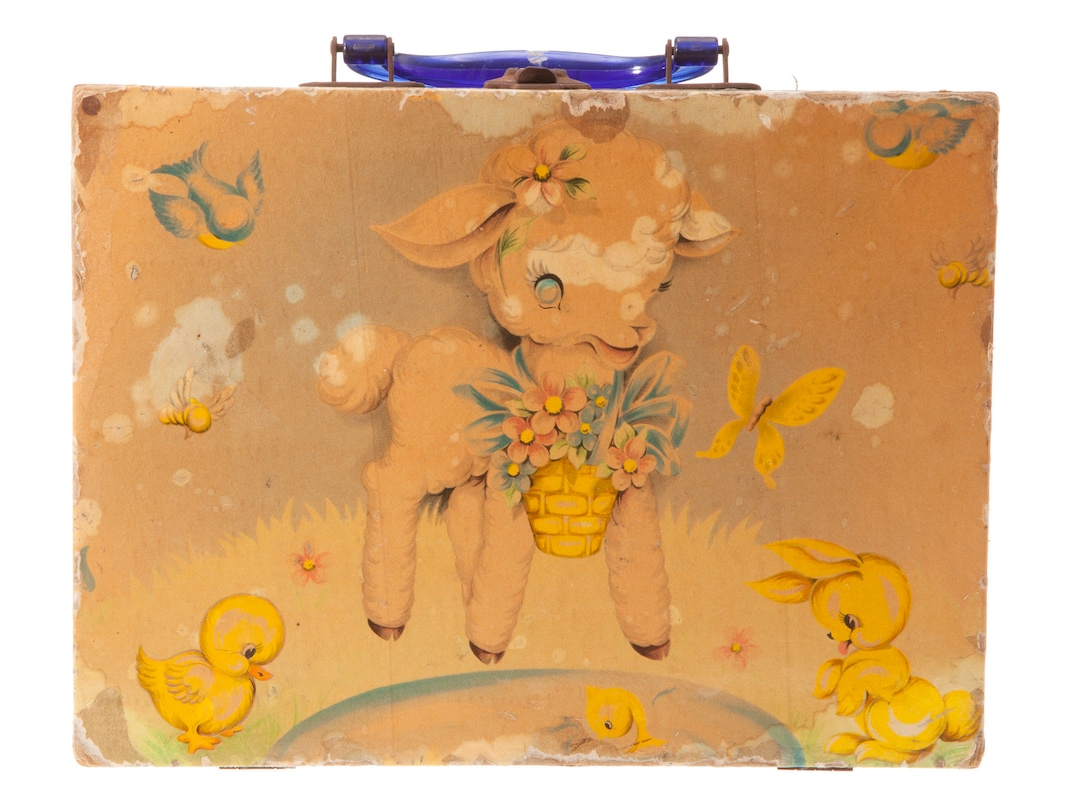 Vintage Child's Suitcase Baby Lamb, Rabbit, Chick and Butterflies ...
