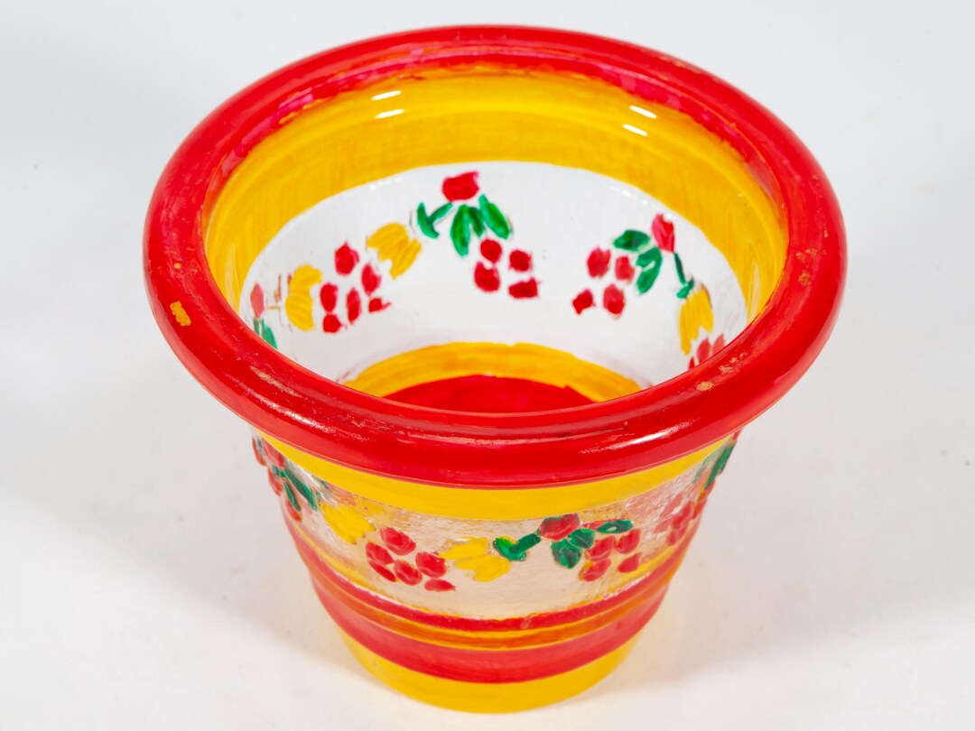 Vintage Carnival Goofus Folk Art Glass Small Bowl - Red, Yellow and ...