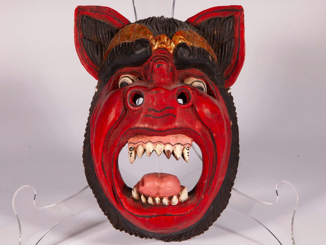 Vintage Indonesian Wood Mask - Hand Painted Painted Red Face With Teeth ...