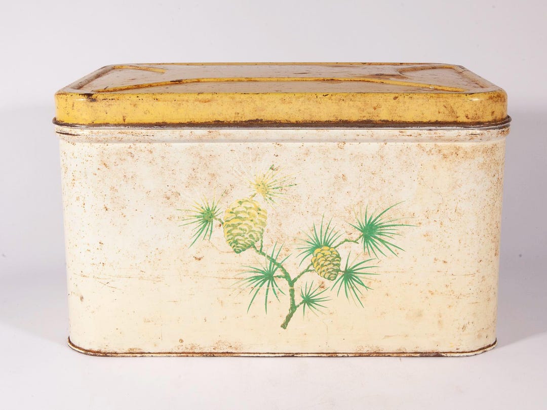 Vintage Metal Bread Box With Hinged Red Lid Pine Cones Graphic Made by ...