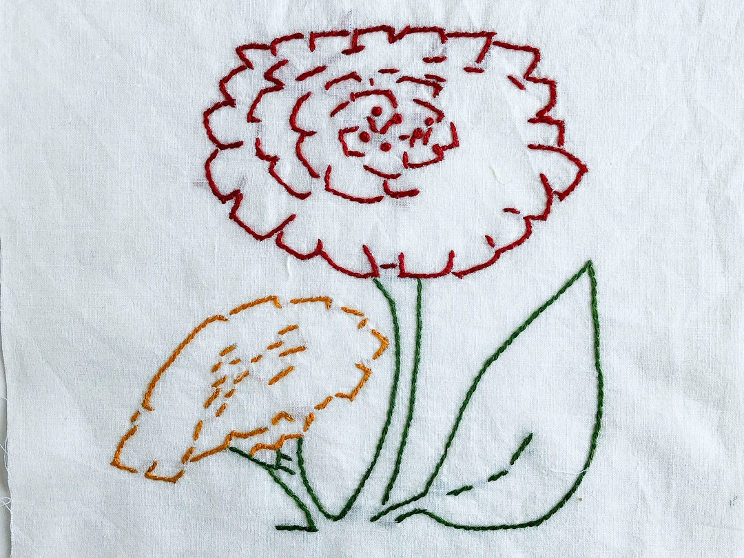 FREE SHIPPING: Vintage Floral Quilt Block Hand Embroidered Ruby Short Mckim Zinnia Quilt Square ...