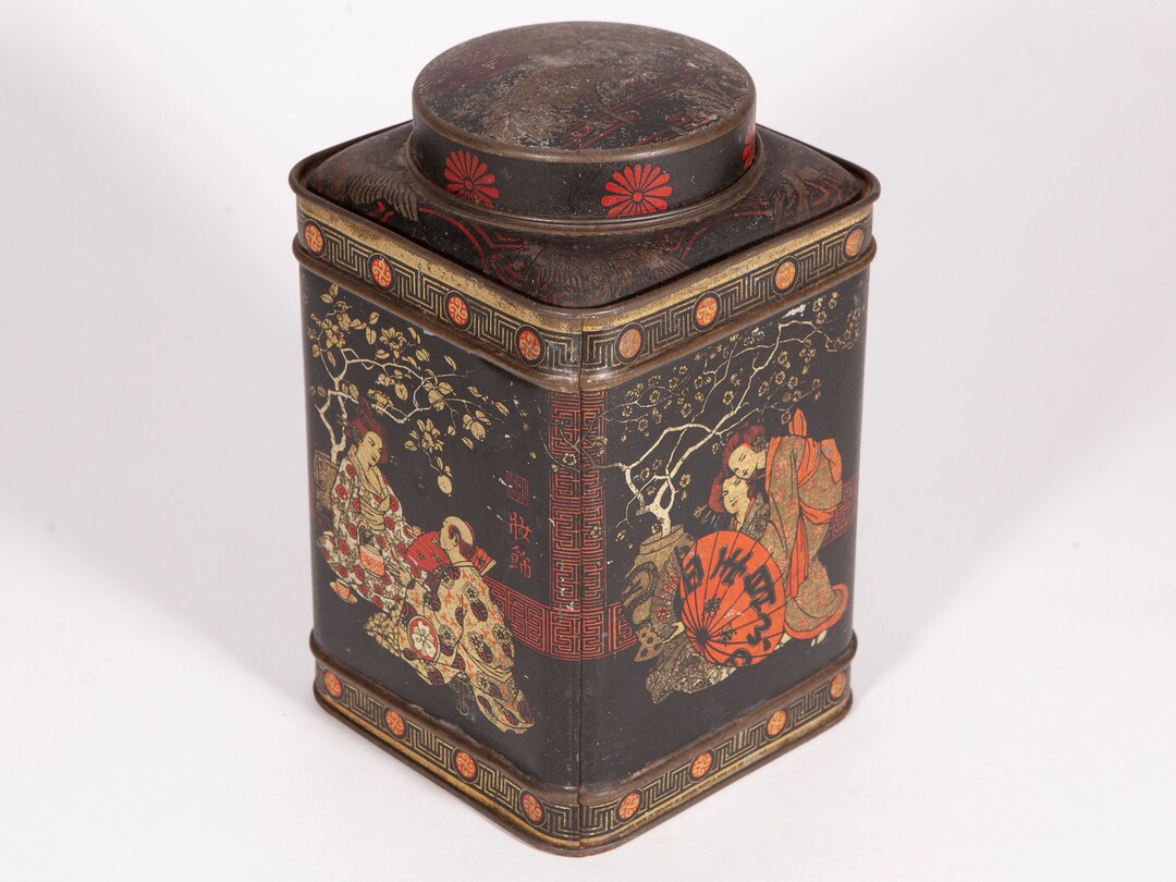 Vintage Square Asian Metal Tin Classic Geishas on Black Background ...