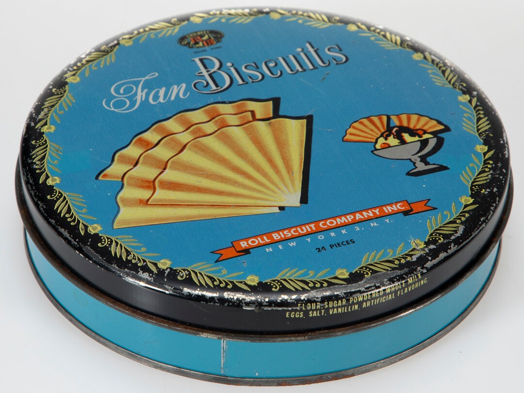 Vintage Blue Fan Biscuits Round Metal Tin Roll Biscuit Company, New ...
