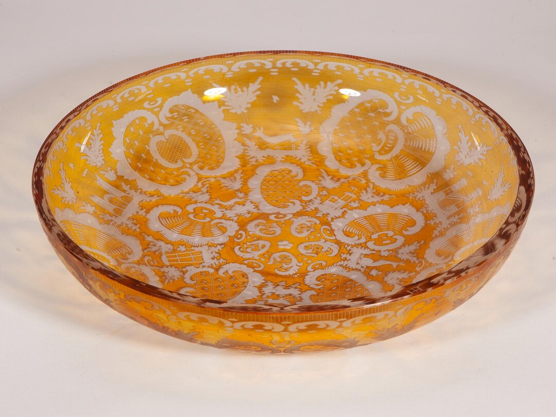 Vintage Art Glass - Large Shallow Honey Colored Glass Dish With Hand ...