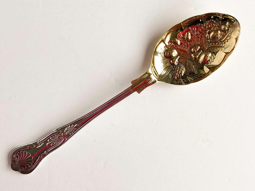 Lovely Large Vintage Silver Plate Serving Spoon With Embossed Golden ...