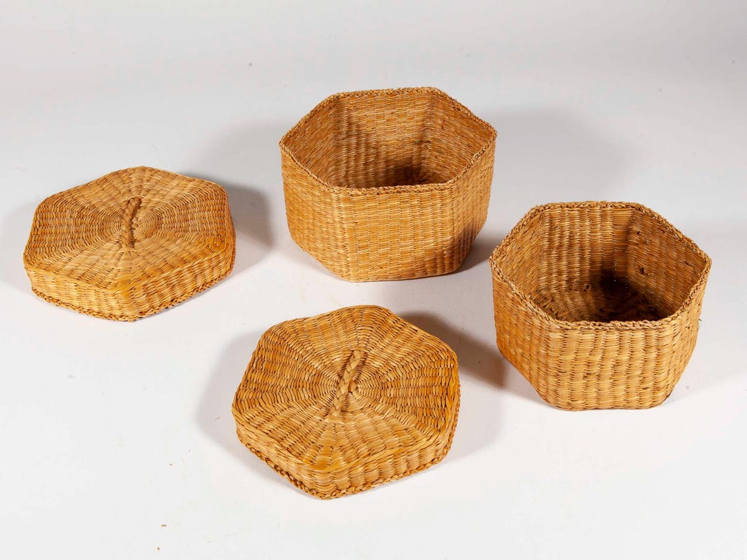 Vintage Nesting Boxes - Woven Rattan Hexagonal - Stacking Boxes With ...