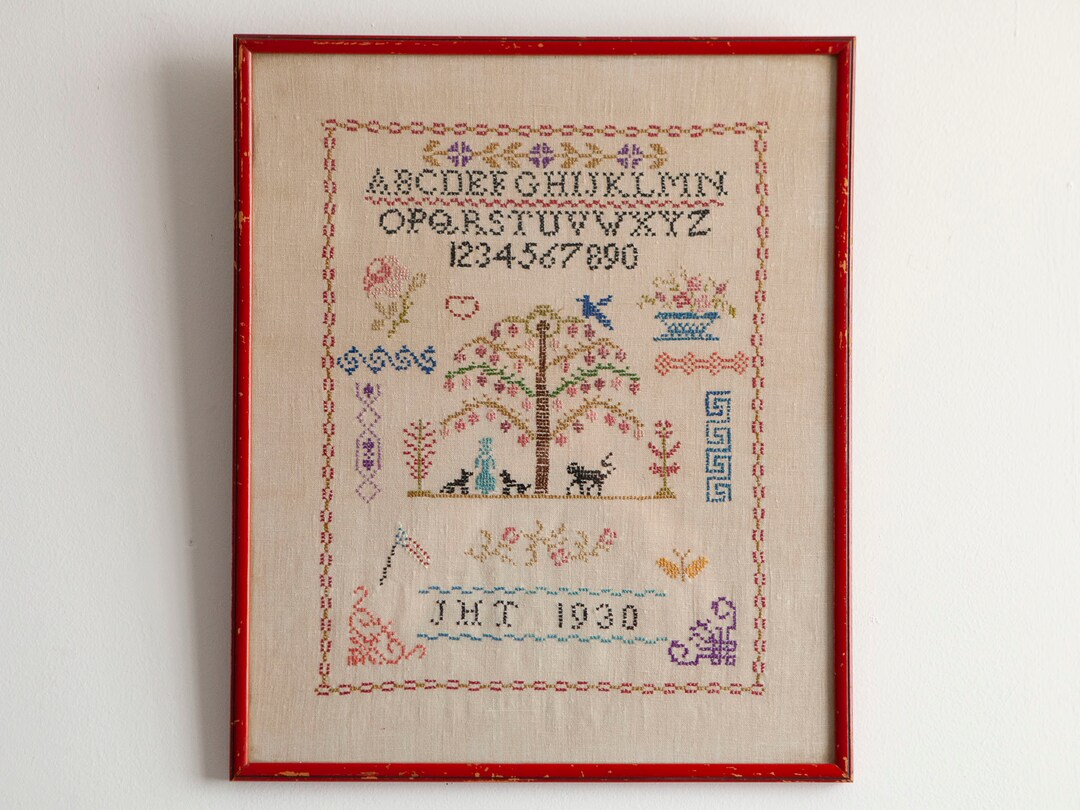 Vintage Hand Stitched Alphabet Sampler in Glass Front Red Wood Frame ...