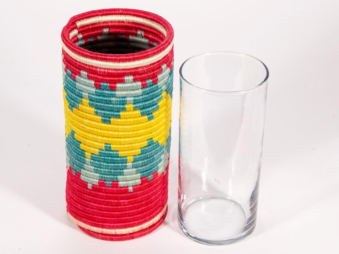 Vintage Woven Fabric Cover With Glass Cylindrical Vase Geometric ...
