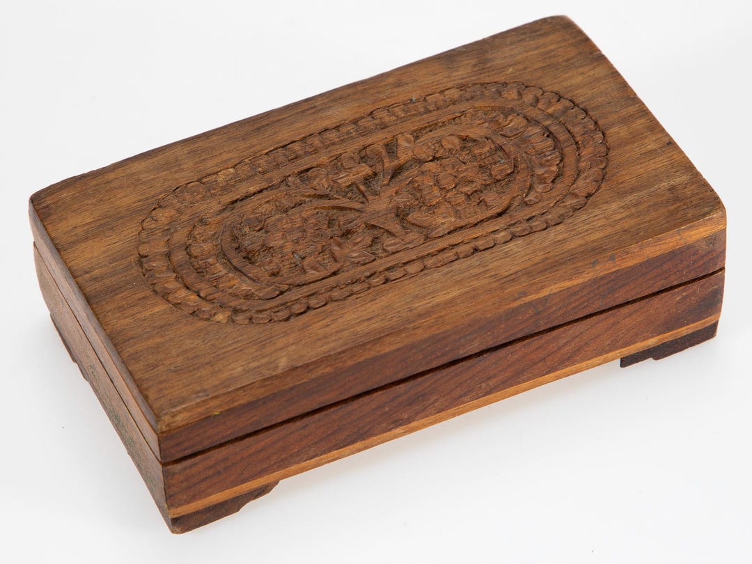 Vintage Carved Wood Box - Hinged Lid - Footed Container - Trinket ...