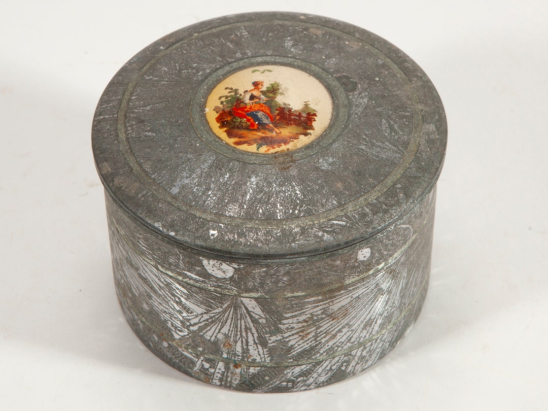Vintage Round Metal Powder Box With Medallion on Lid of Seated Woman - Etsy