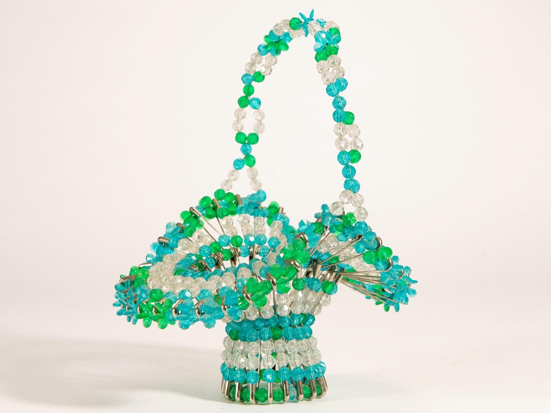 Vintage Beaded Safety Pin Basket: Turquoise, Green & Clear Beads - Etsy