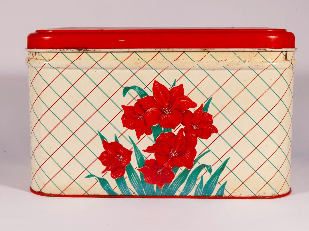 Vintage Metal Bread Box With Hinged Red Lid - Vibrant Red Flowers ...