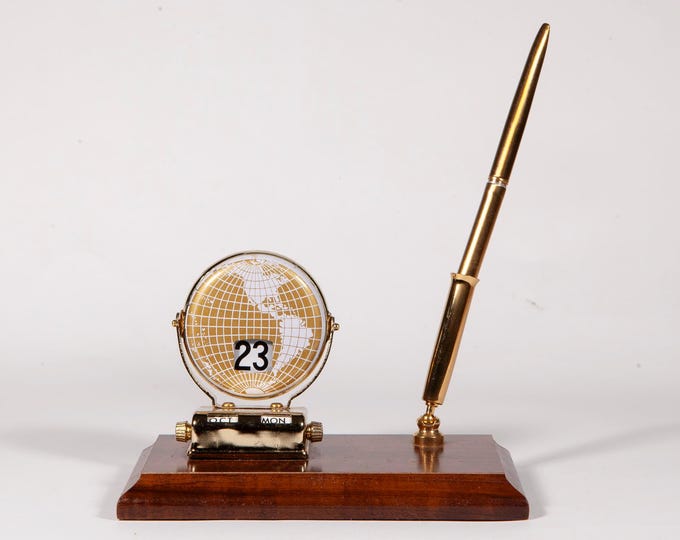 Vintage Perpetual World Calendar and Pen Permanently Mounted on Wood ...