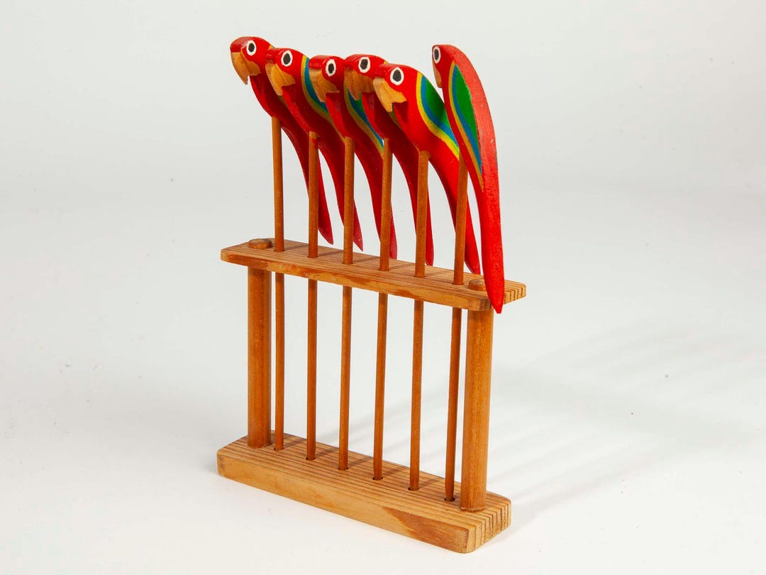 Vintage Set of Painted Parrot Picks in Wood Stand - Etsy