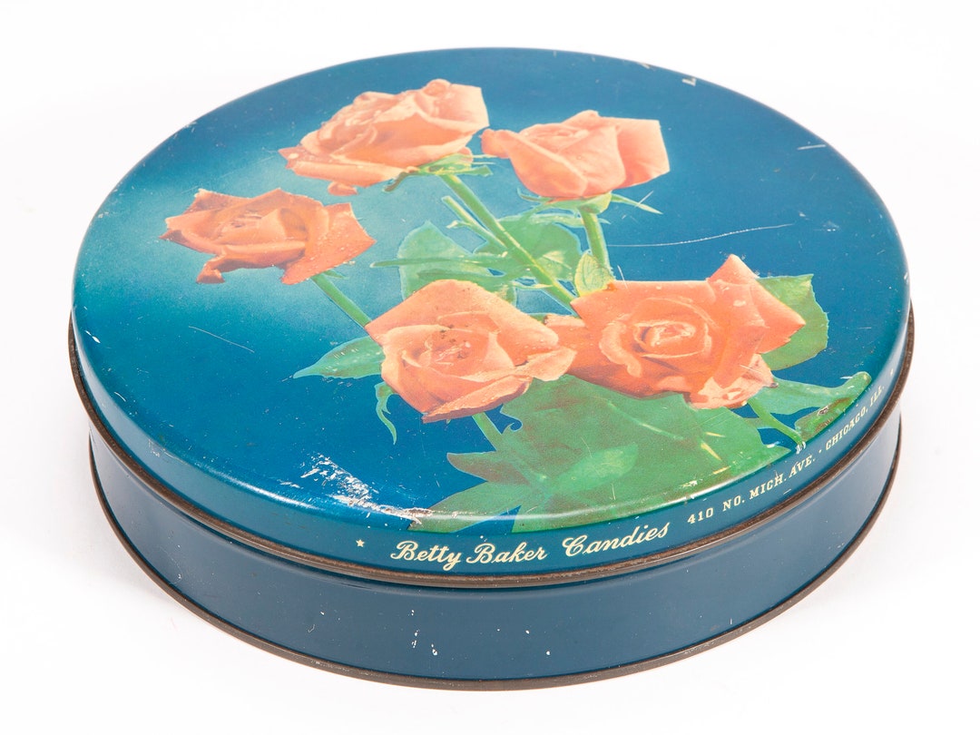 Vintage Round Metal Tin Spray of Roses on Blue Betty Baker Candies ...