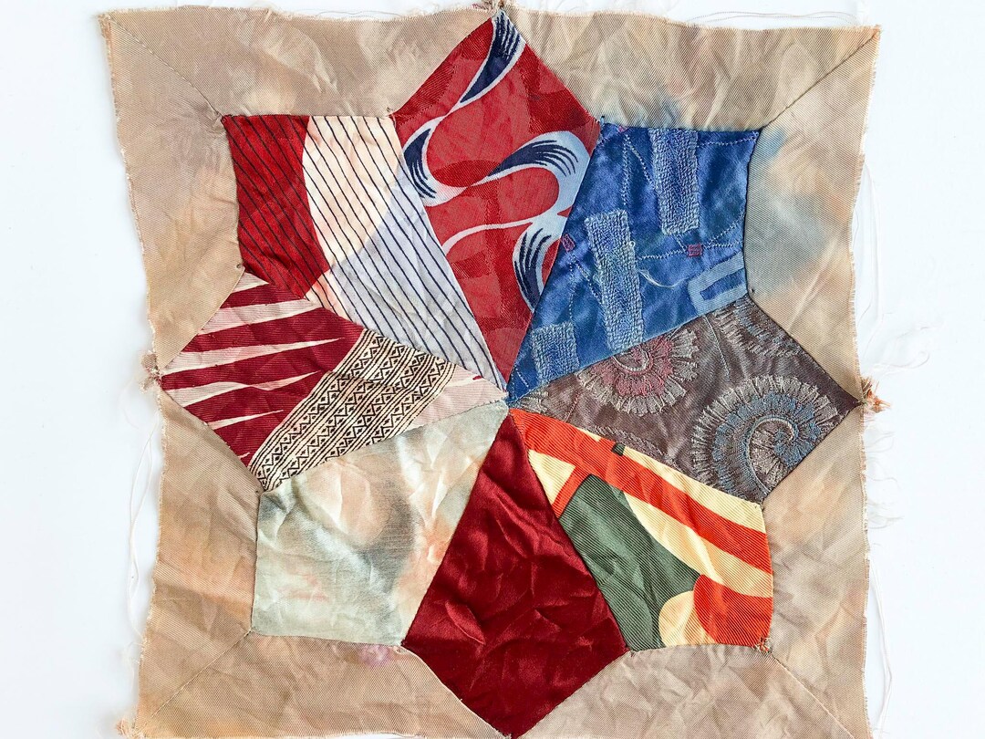 FREE SHIPPING: Vintage Silk Quilt Block Multicolor Octagonal Star ...