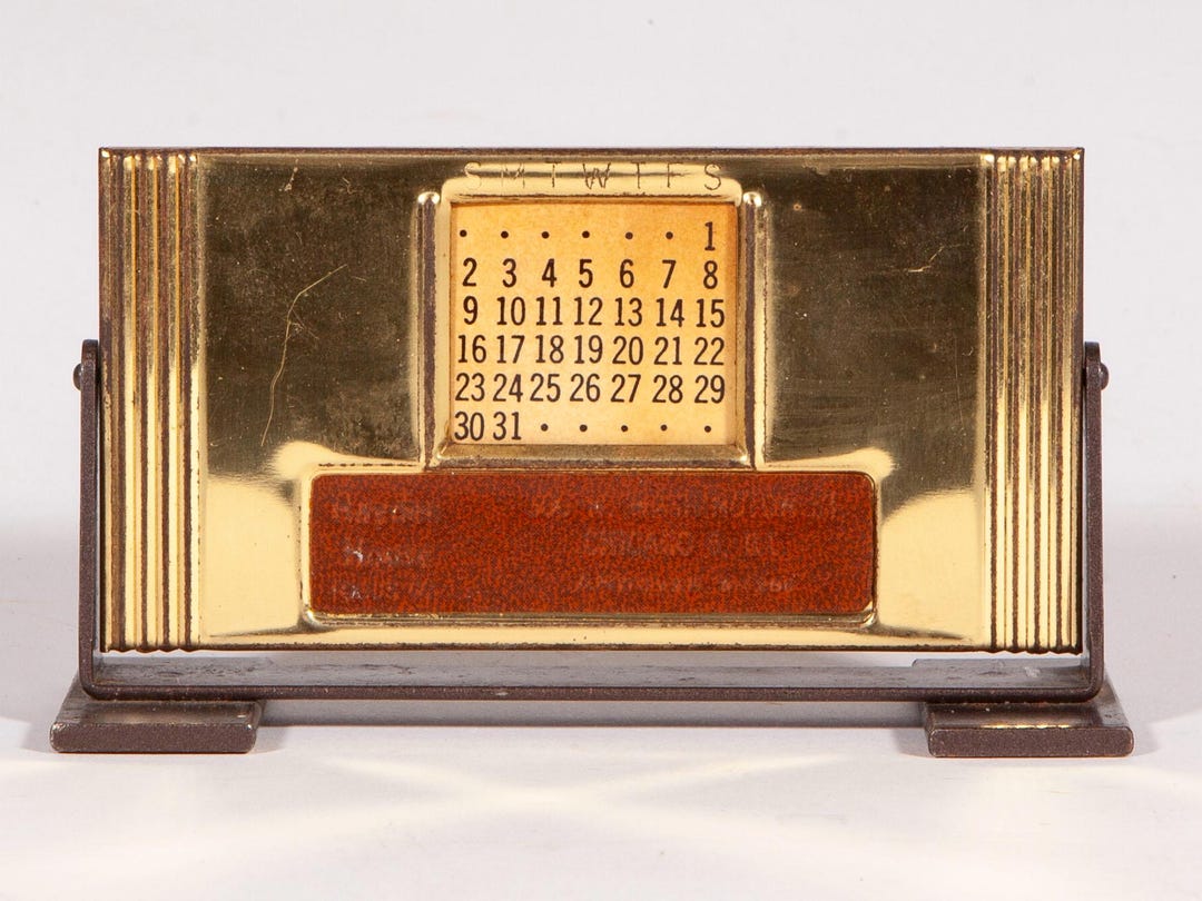 Vintage Art Deco Perpetual Desk Calendar - Brass Metal With Leather ...