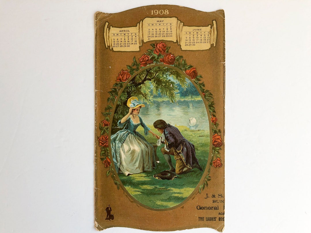 Antique Vintage 1908 Calendar Page Edwardian Couple in Garden April ...