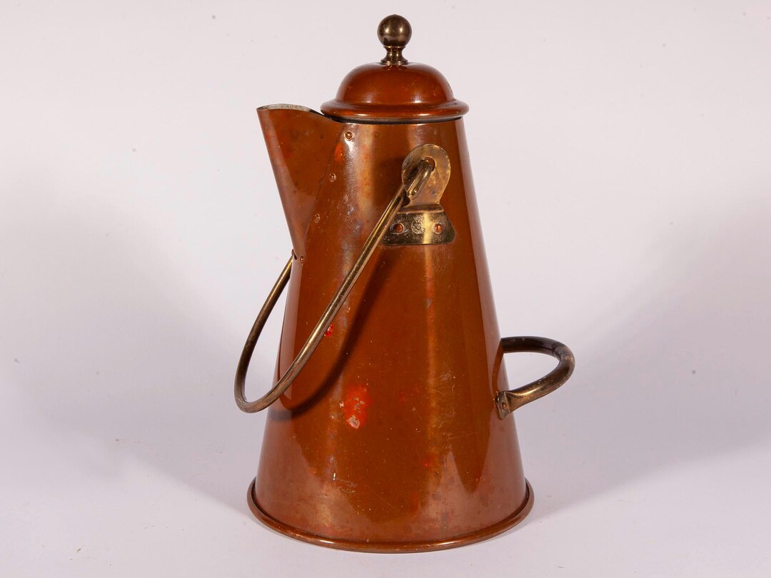 Vintage Copper Coffee Pot With Brass Accents - Lidded Pitcher With ...