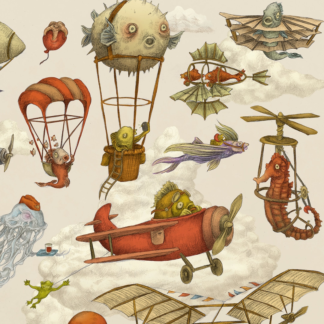 Flying Sea Creatures Poster – Fantasy Illustration With Flying Fish ...