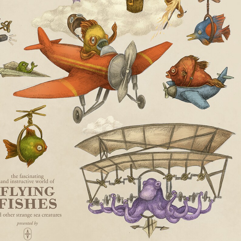 Flying Sea Creatures Poster – Fantasy Illustration With Flying Fish ...